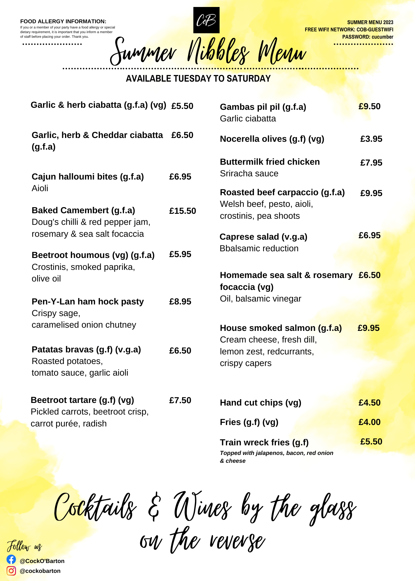 Cock O'Barton food and drink menus, a la carte menu